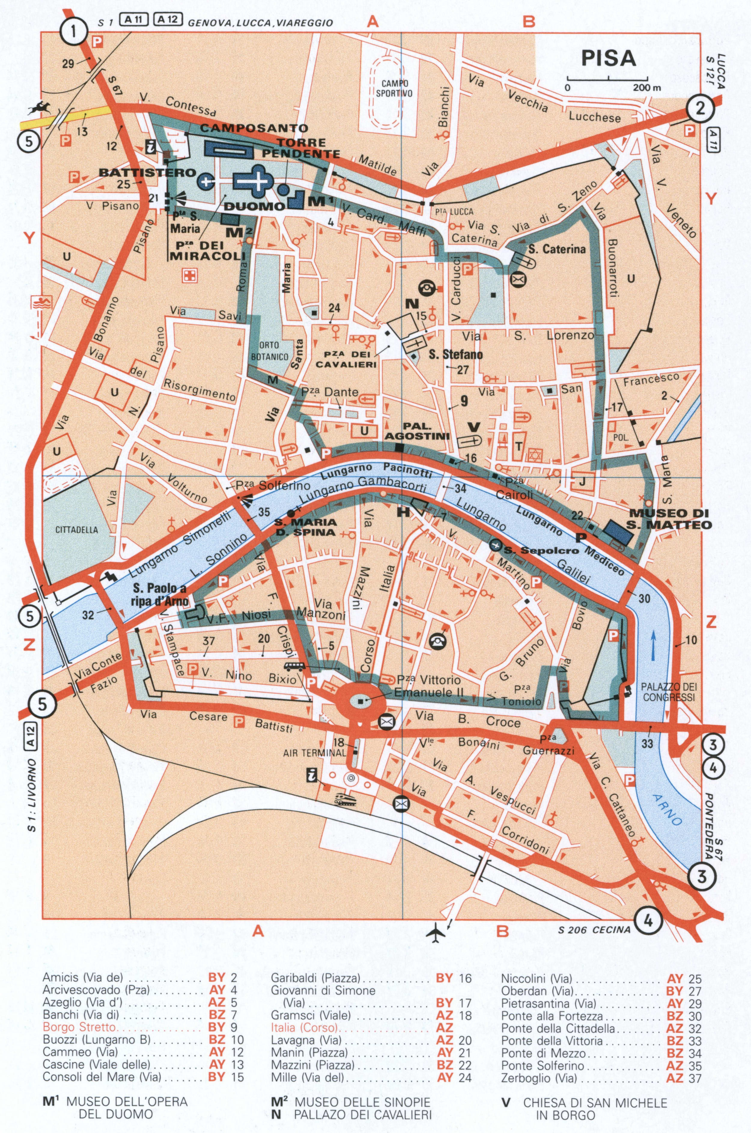 Pisa map with attractions. Tourist map of Pisa, Italy. Printable Pisa ...