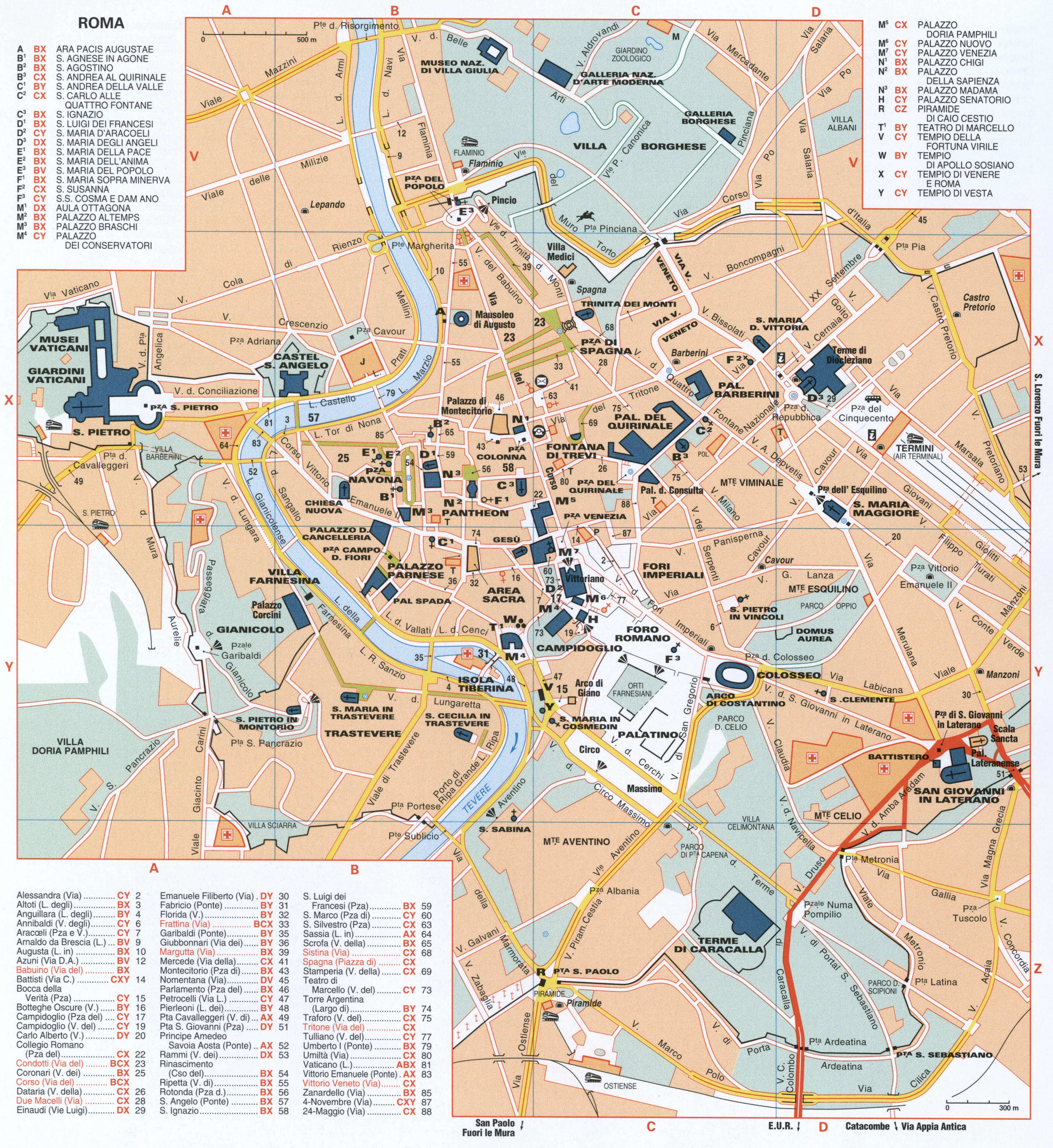 Roma city map with local sights. Map of Roma streets with beautiful places