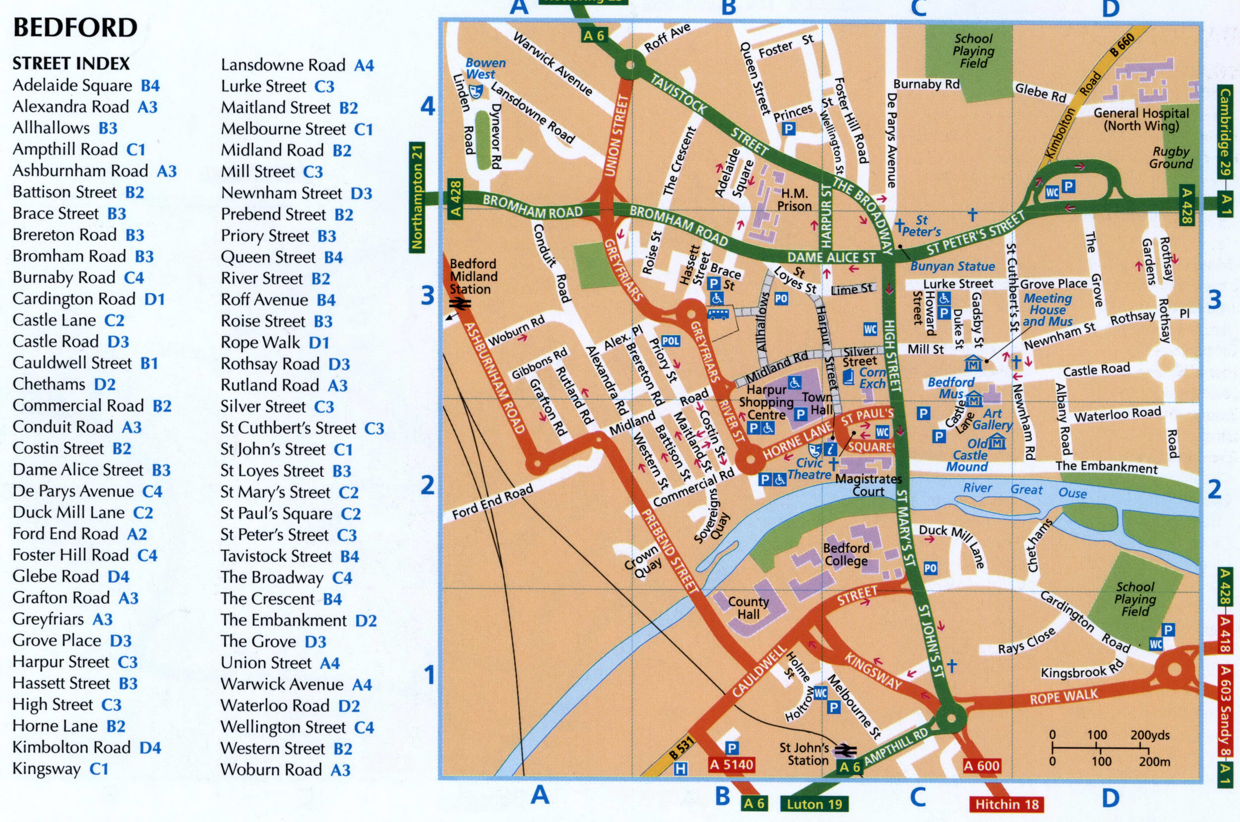 Bedford UK city map with sights Tourist street map Where is Bedford in ...