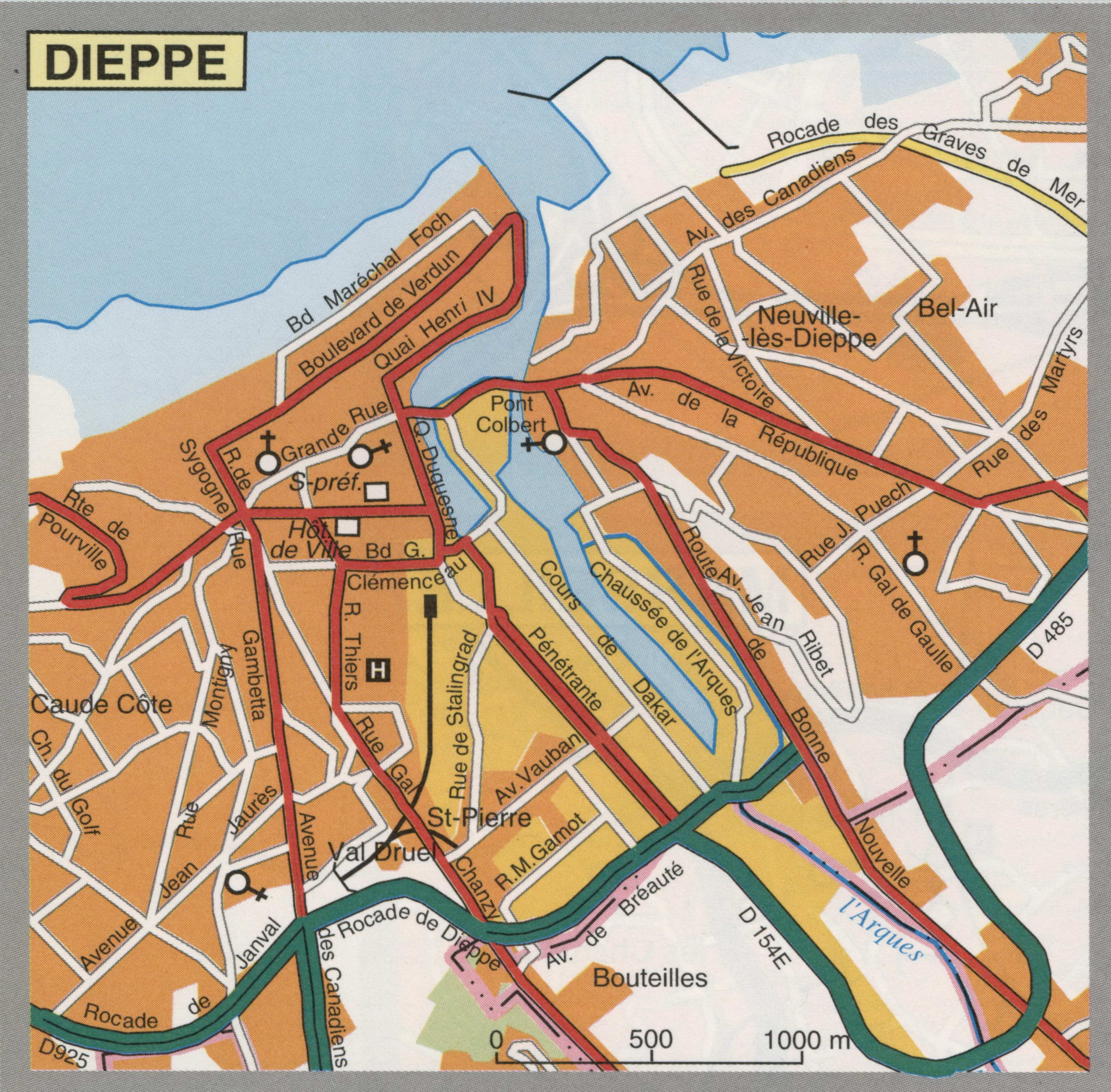 Dieppe city map with local sights. Map of Dieppe streets with beautiful ...