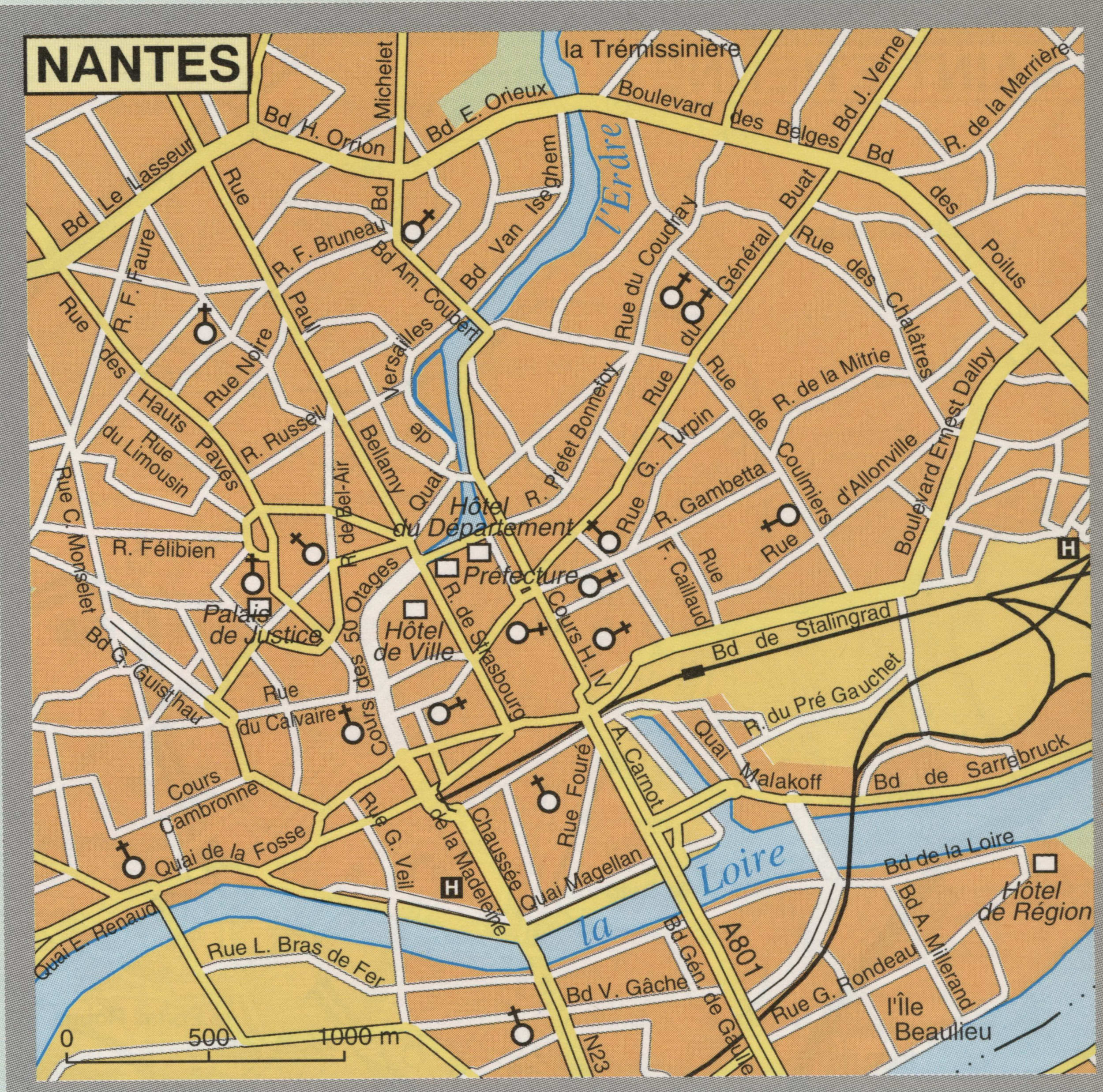 Nantes city map with local sights. Map of Nantes streets with beautiful ...