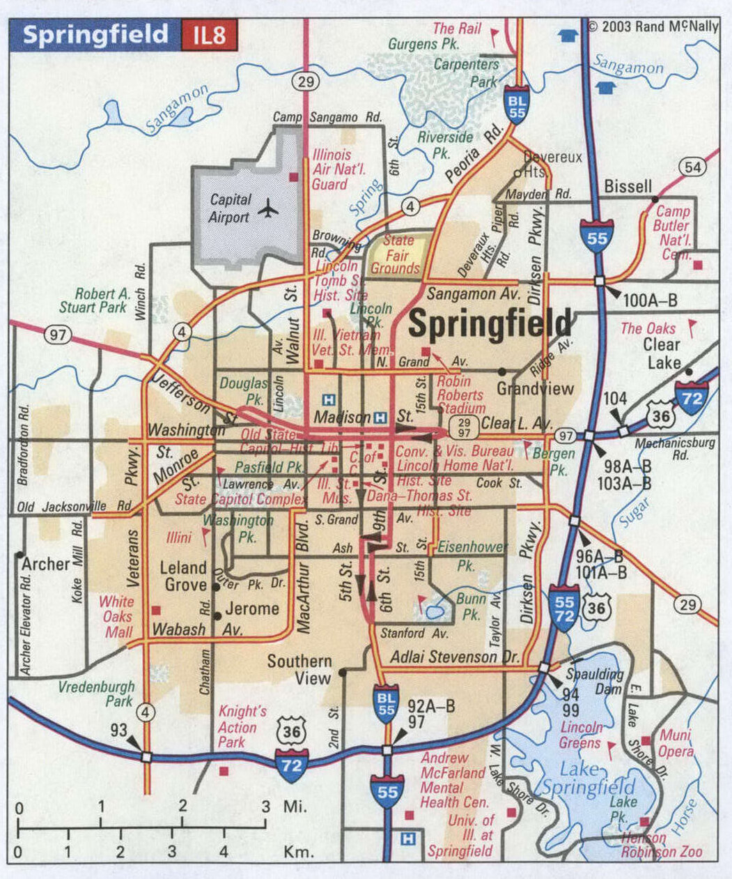 Springfield Illinois on US map. Tourist map of Springfield surrounding area